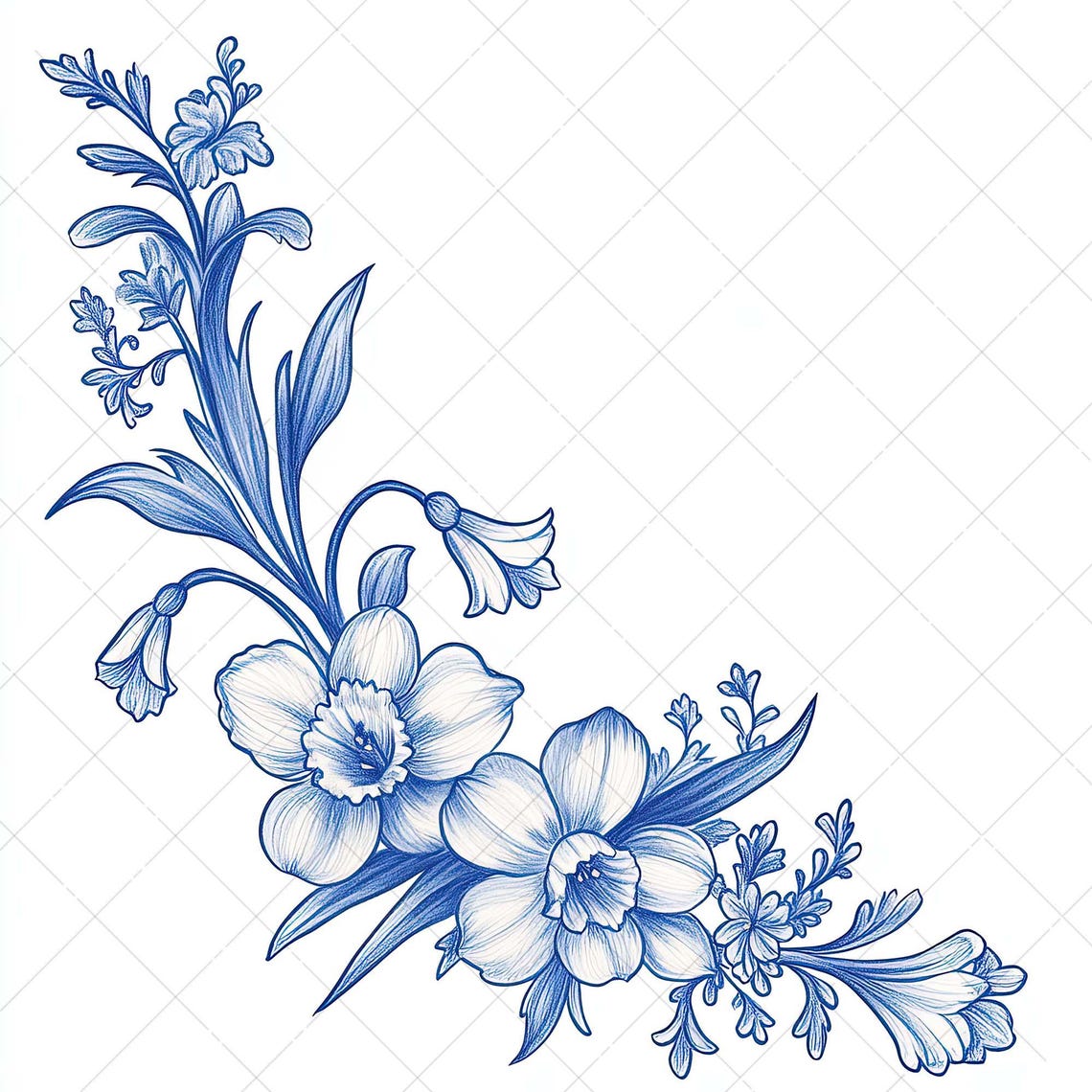 Blue Ink Daffodil Corner Clipart, Chinoiserie Flower Border PNG, 9 ...