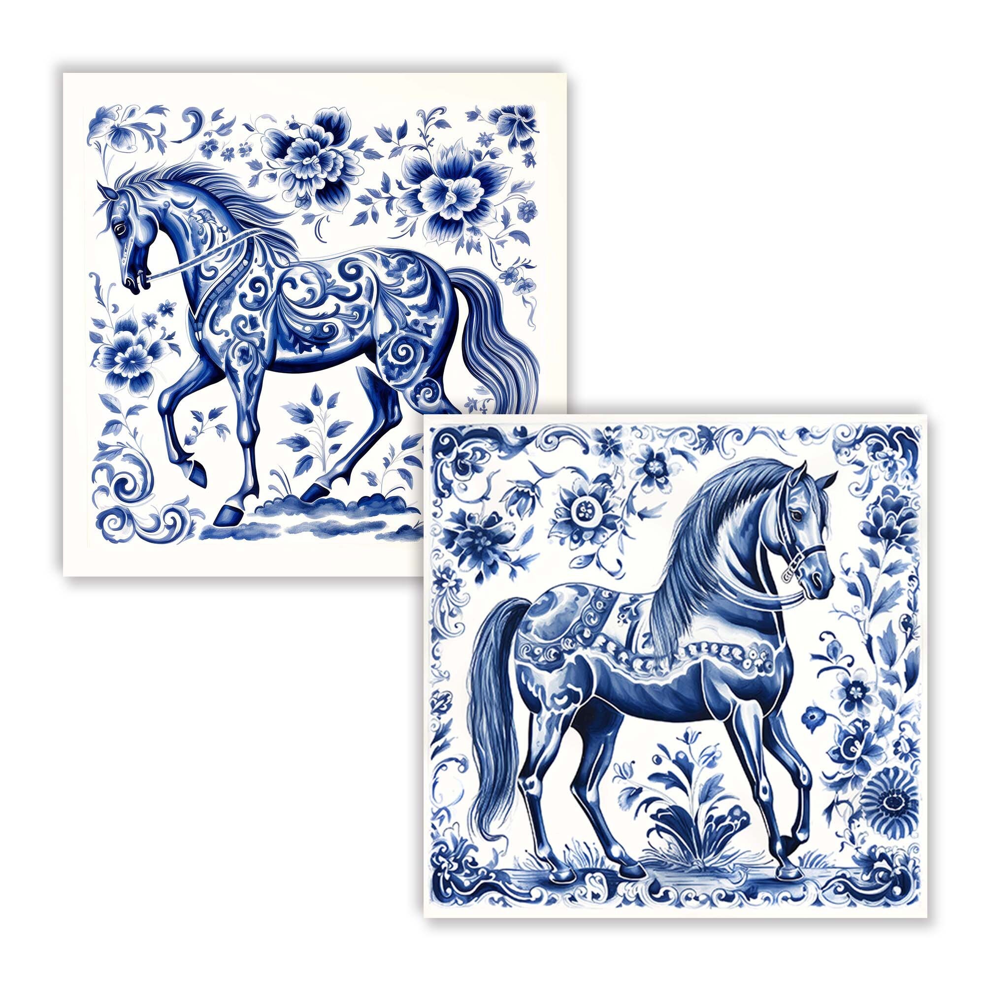 16 Horse Tiles Blue and White Hand-painted Porcelain Ceramic Mosaic ...