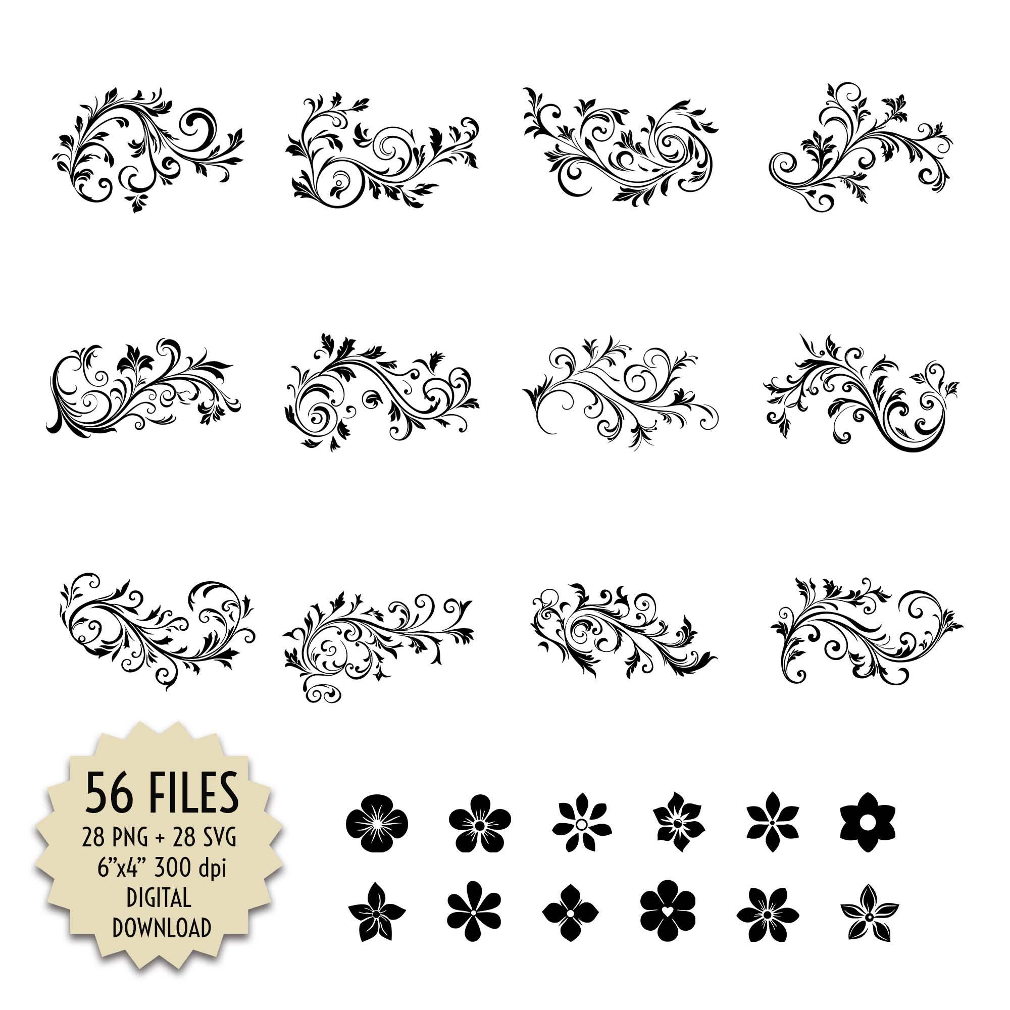Floral Scroll Clipart Set, 56 PNG SVG, Black Swirl Ornaments, Digital ...