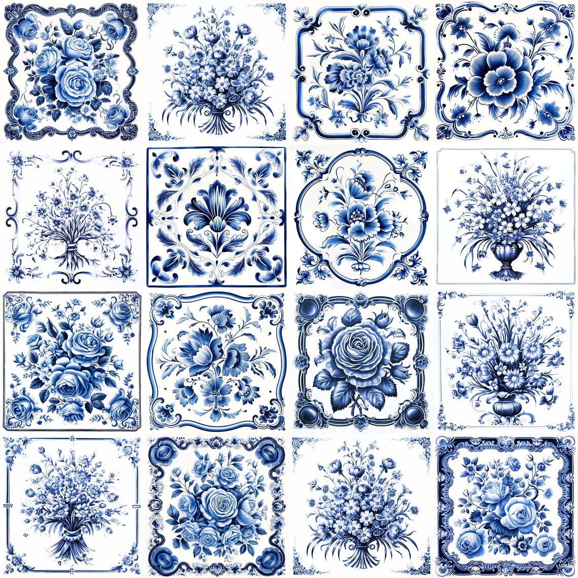 15 Antique Blue and White Porcelain Flower Rose Tiles | Decor Wall ...