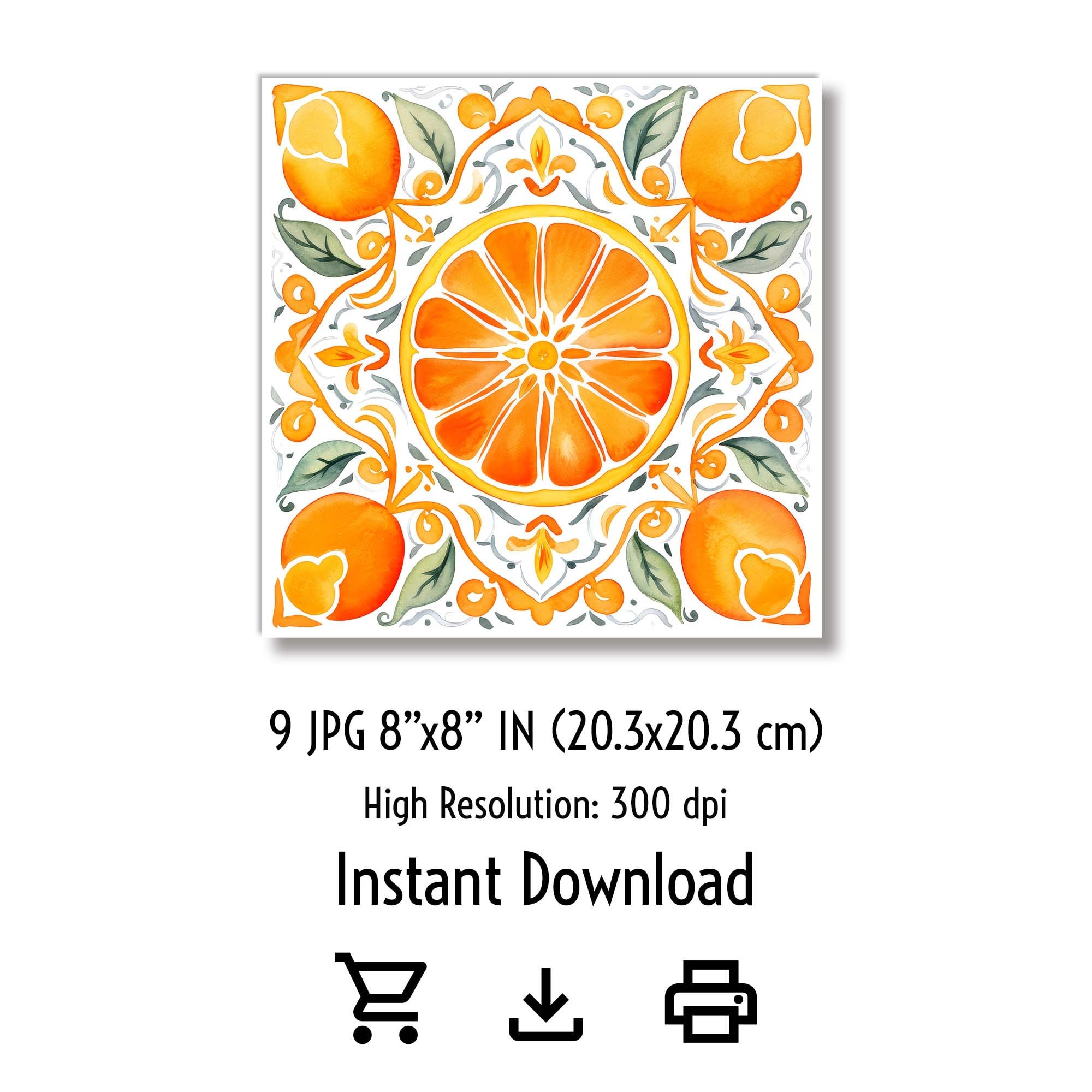 Fruit Illustration Tiles, Watercolor in Blue Green Red Orange Yellow ...