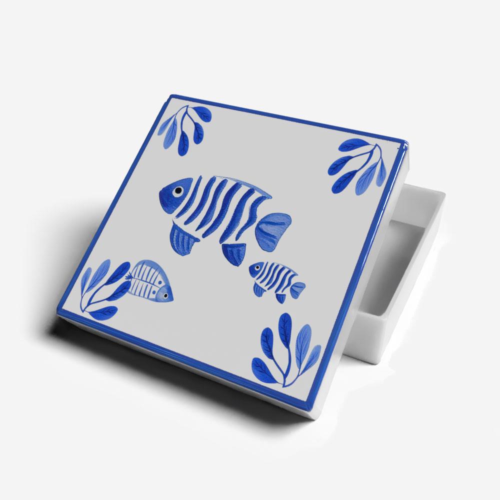 Blue Fish Tile Set, Nautical Marine Patterns, Cute Digital Mosaic Art ...