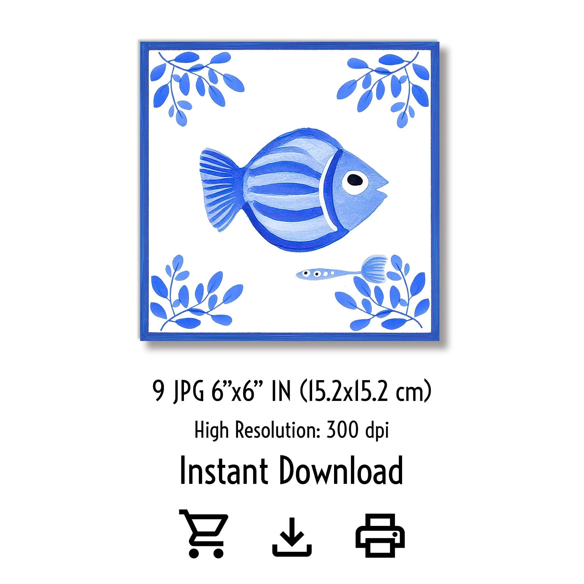 Blue Fish Tile Set, Nautical Marine Patterns, Cute Digital Mosaic Art ...