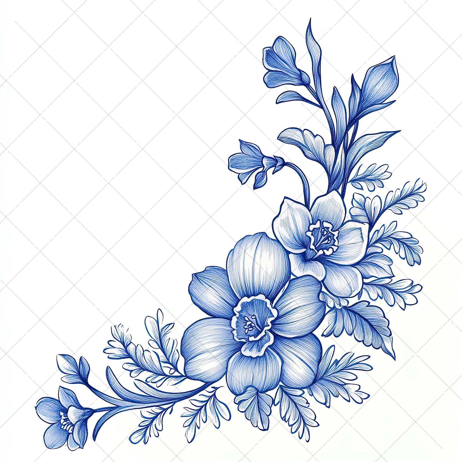 Blue Ink Daffodil Corner Clipart, Chinoiserie Flower Border PNG, 9 ...