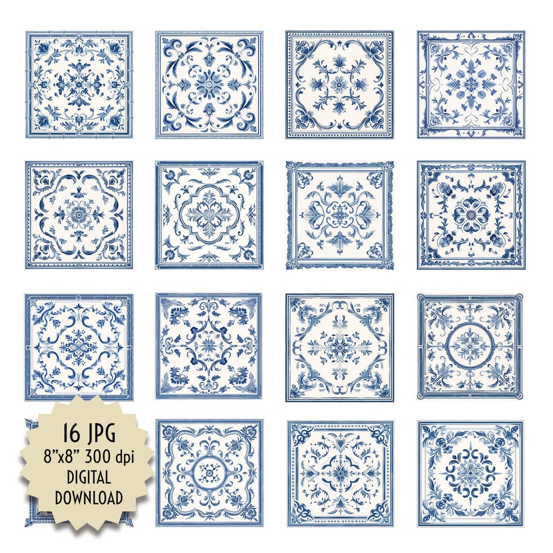 Vintage Blue White Tile Clipart, Set of 16 Digital Files for DIY Decor ...