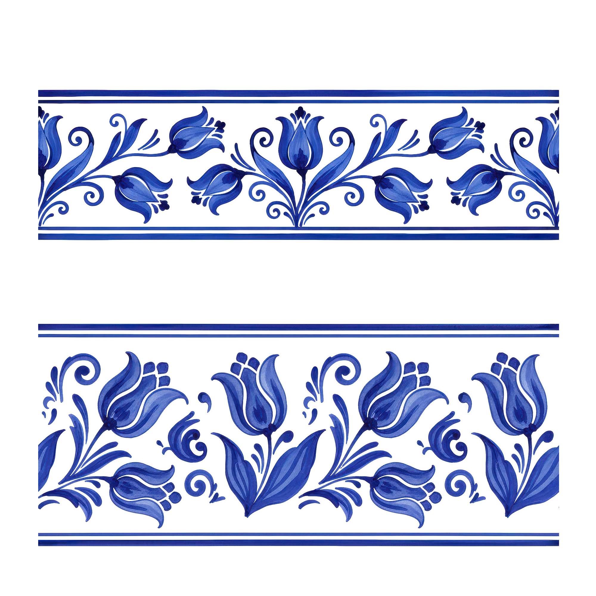 Blue and White Tulip Borders, Seamless Watercolor Floral Pattern, High ...