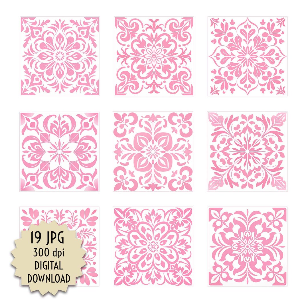 Pink White Floral Tile Set, Digital Mosaic Clipart Designs, Digital ...