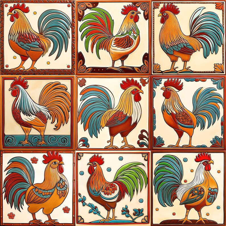 Farmhouse Rooster Tile, Rustic Folk Style, Vibrant Colors, Digital ...