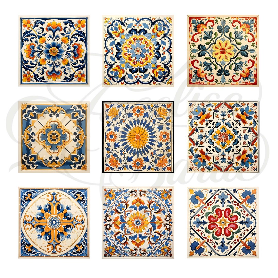 Vintage Geometric Tile Clipart: Set of 9 Spanish-style Tiles - Etsy