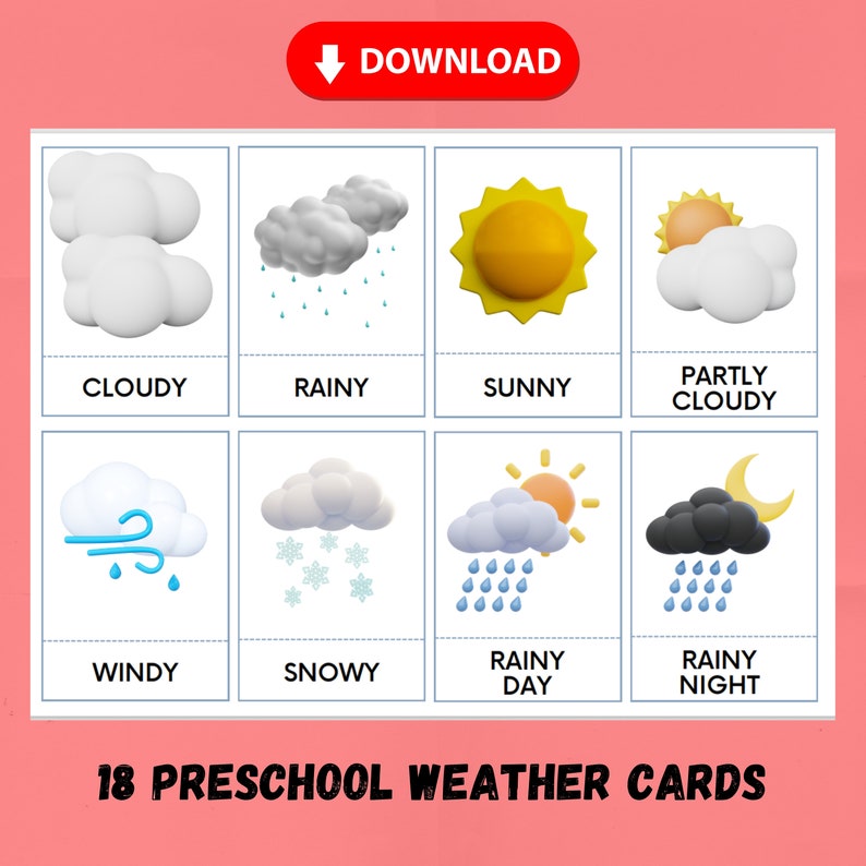 18 Weather Cards Montessori Flashcards Pre-school Cards Educational ...
