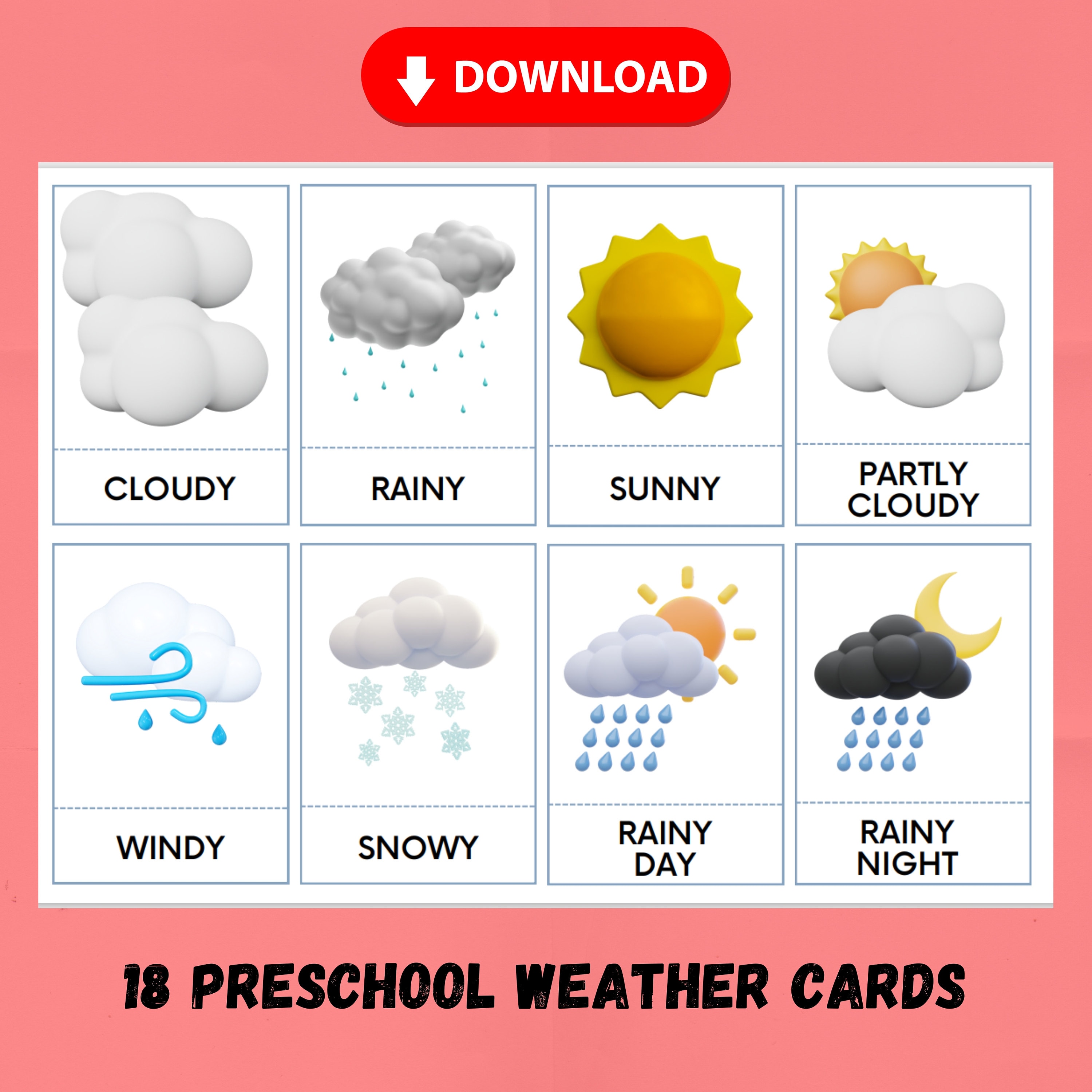 18 Weather Cards Montessori Flashcards Pre-school Cards Educational ...