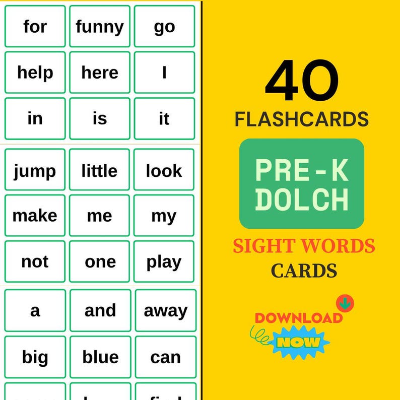 Dolch Sight Words Flashcards, Pre-k Learning (printable PDF) - Etsy