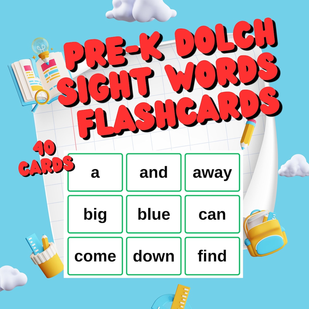 Dolch Sight Words Pre-k Flashcards, High Frequency Words, English ...