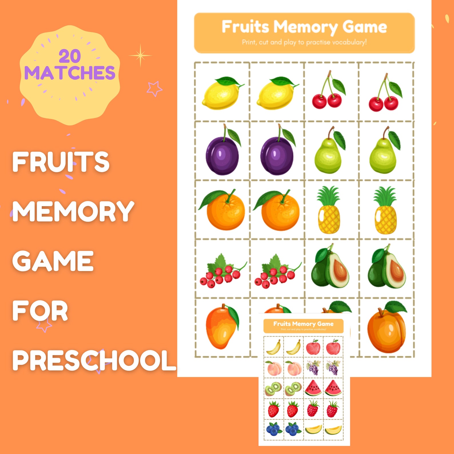 Fruits Printable Memory Game Pre-school Printable Game Homeschool ...