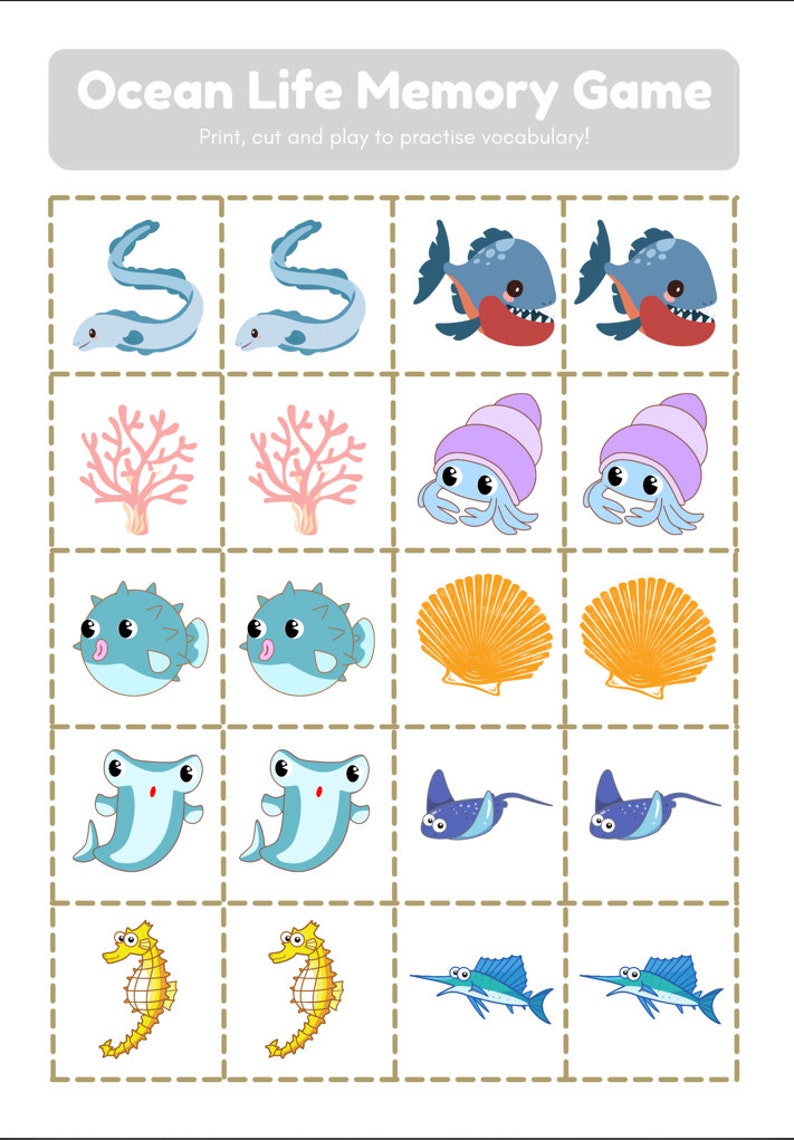 Ocean Printable Memory Game Pre-school Printable Game Homeschool ...