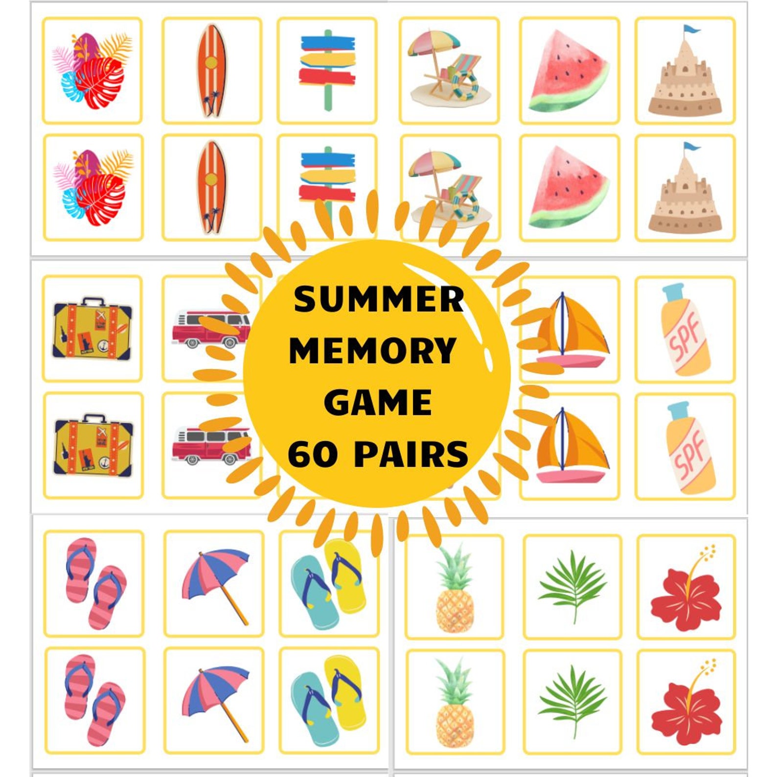 Summer Memory Game Cards for Quality Family Time, Memo Cards 60 Pairs ...