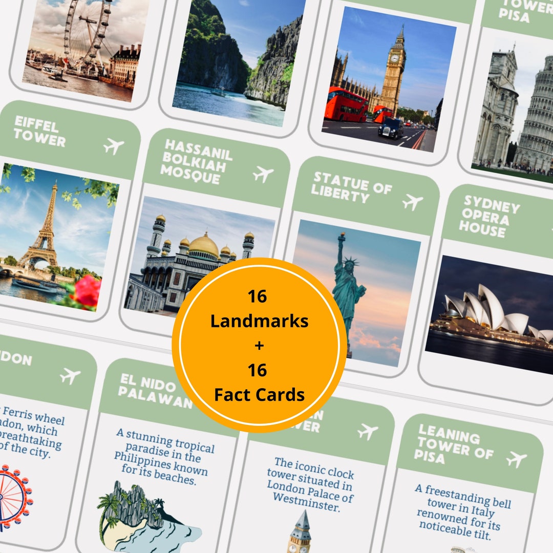 World Famous Landmarks Flashcards Montessori, Destinations Landmark ...