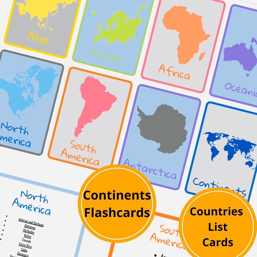 Continents Flash Cards Country by Contient Continents Cards Geography ...