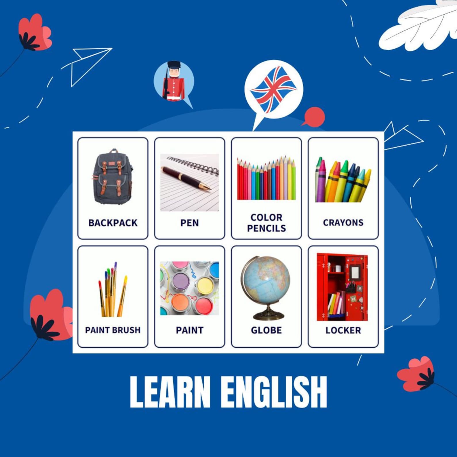 School Objects Vocabulary Flash Cards, English Vocabulary ESL Classroom ...