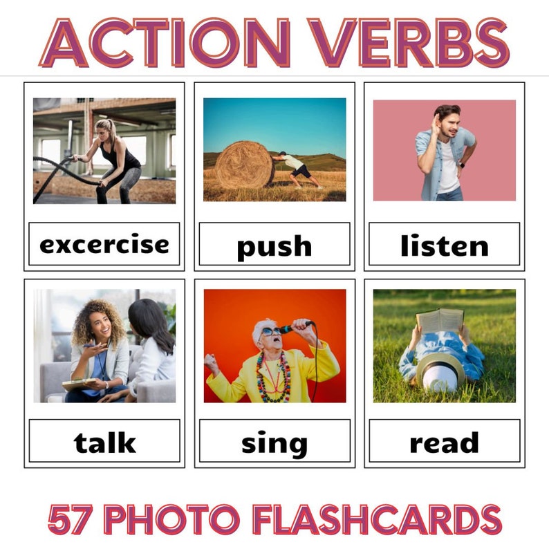 ACTION VERB Flash Cards, ESL Vocabulary Real Pictures, Parts of Speech ...