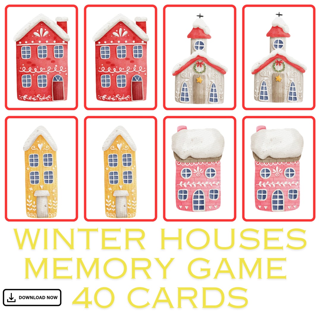 Winter Houses Cards 40 Flashcards for Memory Game Cards Christmas ...