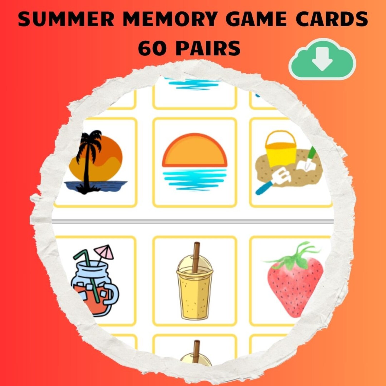 Summer Memory Game Cards for Quality Family Time, Memo Cards 60 Pairs ...