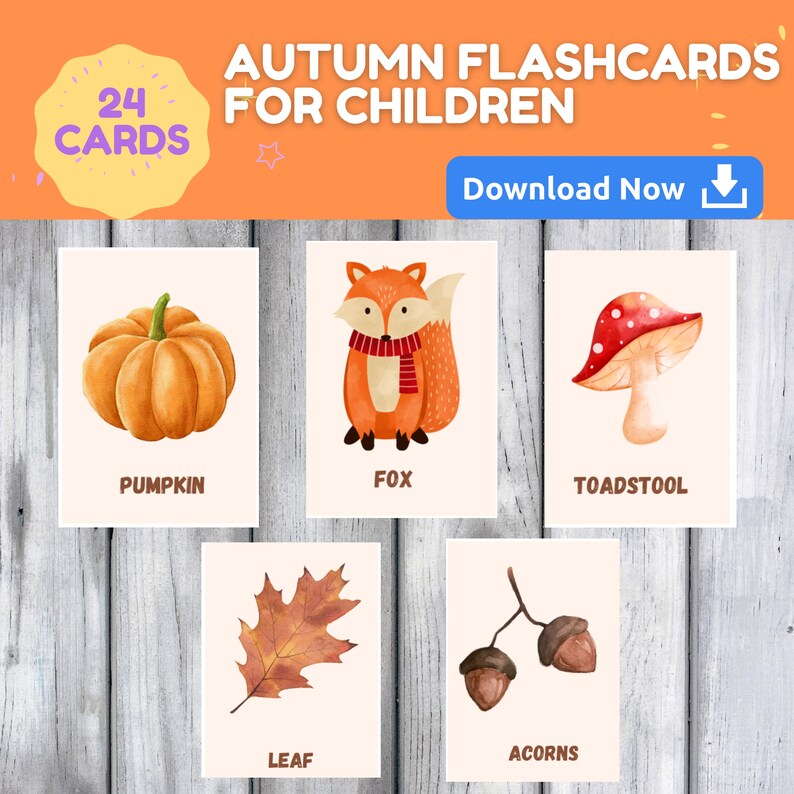 24 Printable Autumn Flashcards for Kids Fall Image Cards Montessori ...