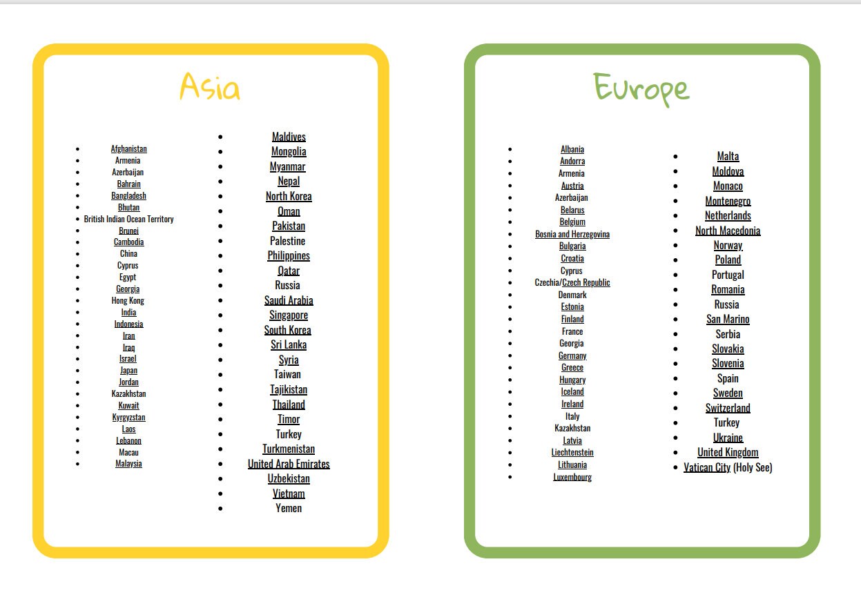 Continents Flash Cards Country by Contient Continents Cards Geography ...