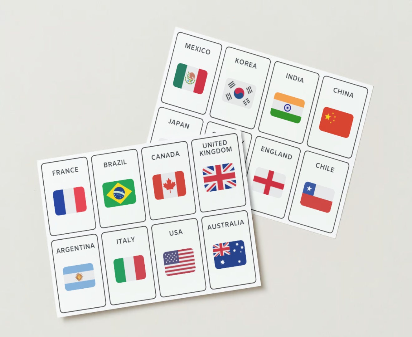 120 Flags Flashcards Game Match the Flag to Continent Montessori ...