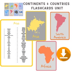 Continents Flash Cards Country by Contient Continents Cards Geography ...
