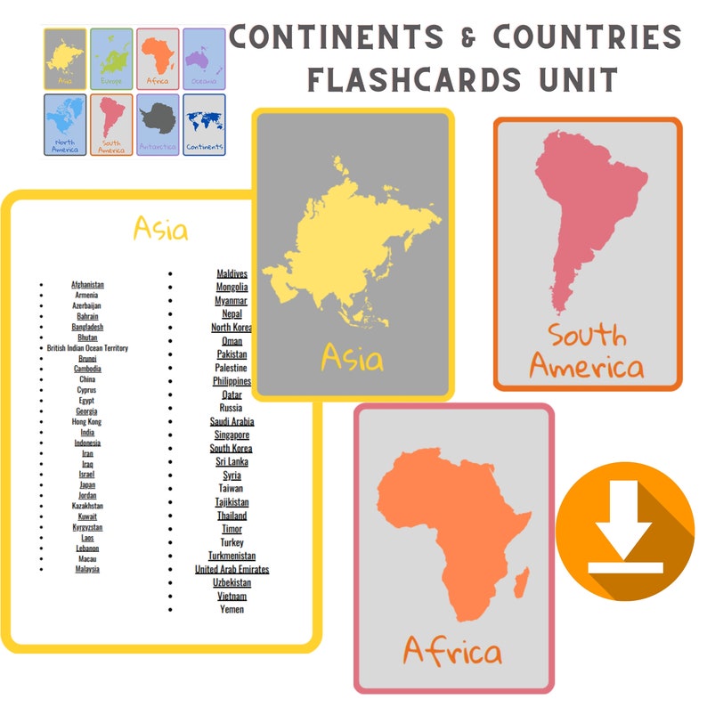 Continents Flash Cards Country by Contient Continents Cards Geography ...