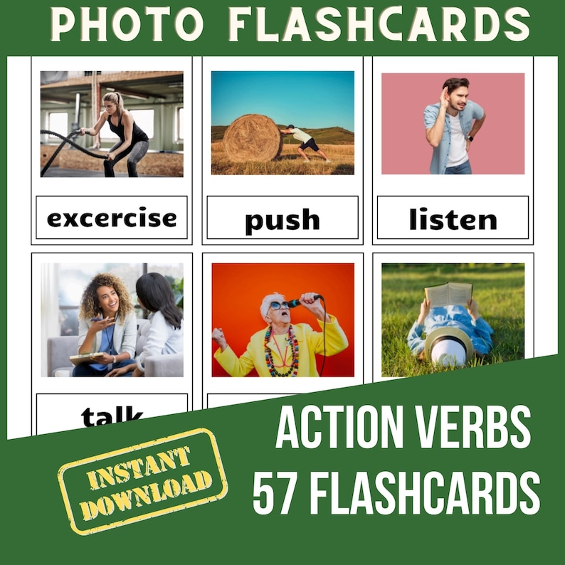 ACTION VERB Flash Cards, ESL Vocabulary Real Pictures, Parts of Speech ...
