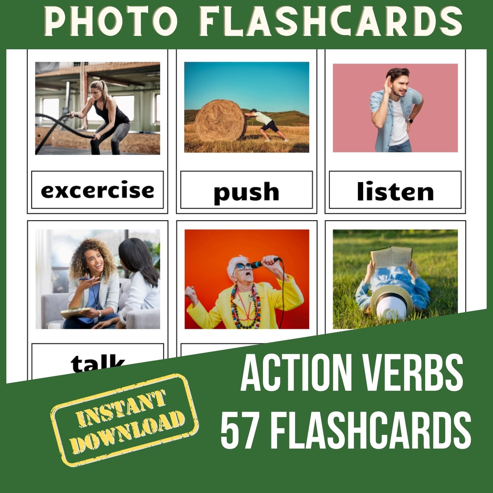 ACTION VERB Flash Cards, ESL Vocabulary Real Pictures, Parts of Speech ...