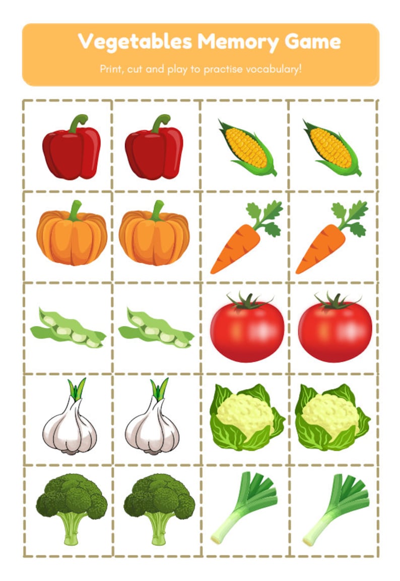 Vegetables Printable Memory Game Pre-school Vegetables Homeschool ...