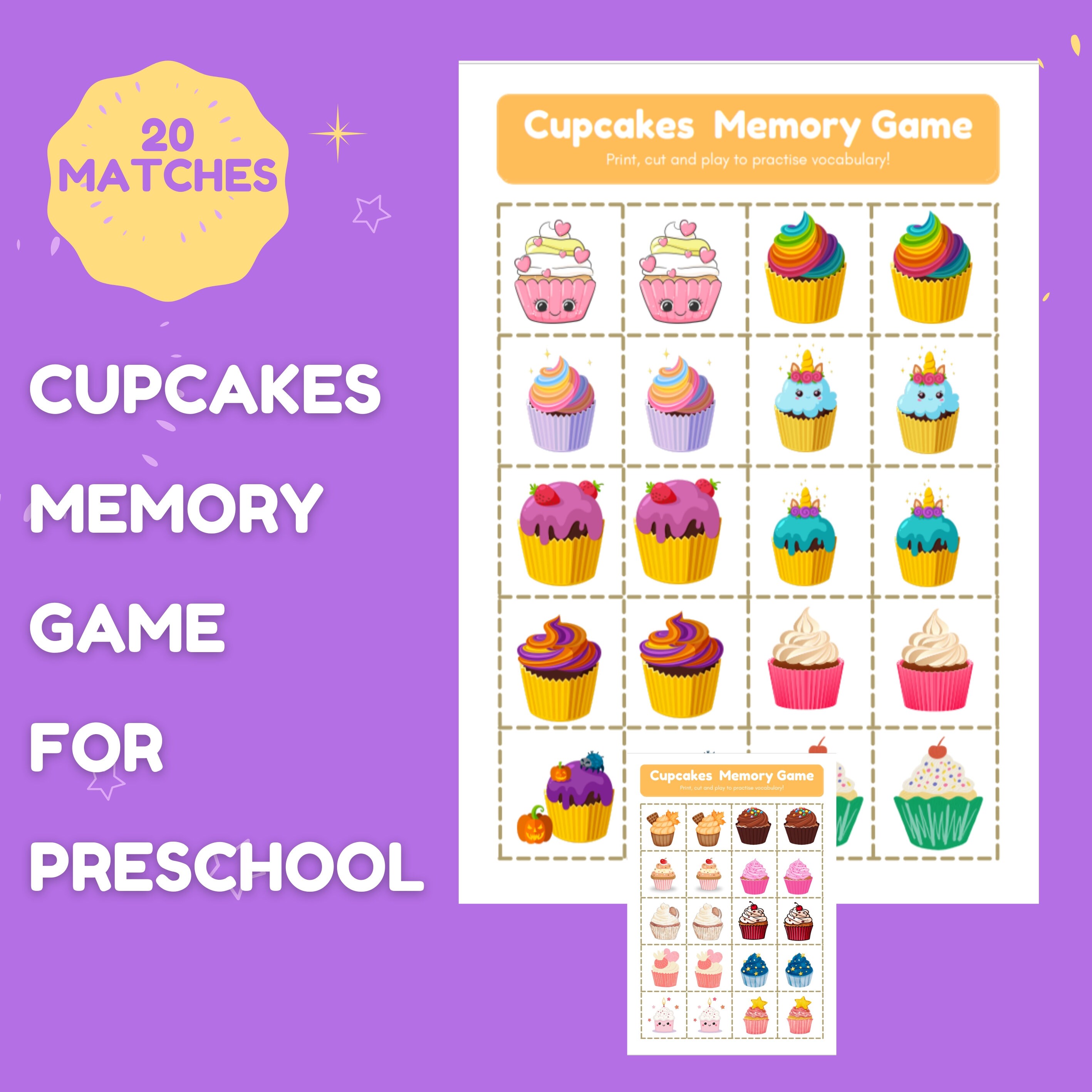 Cupcakes Memory Game Printable, Preschool Matching Activity (PDF/PNG ...