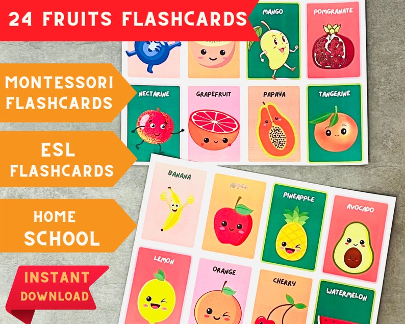 Fruits Flashcards Montessori Preschool Vocabulary Cards Funny Fruits ...