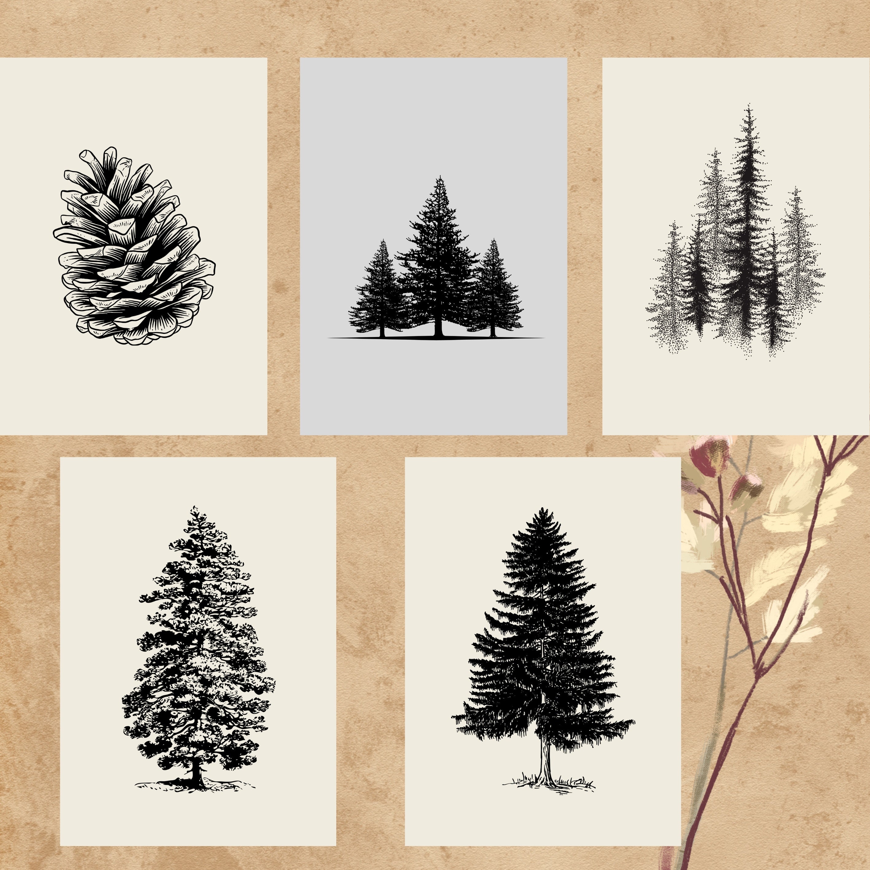 Pine Trees Postcards Set of 5 Vintage Style Cards. Christmas Nostalgic ...