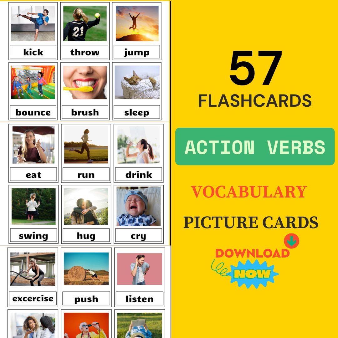 ACTION VERB Flash Cards, ESL Vocabulary Real Pictures, Parts of Speech ...