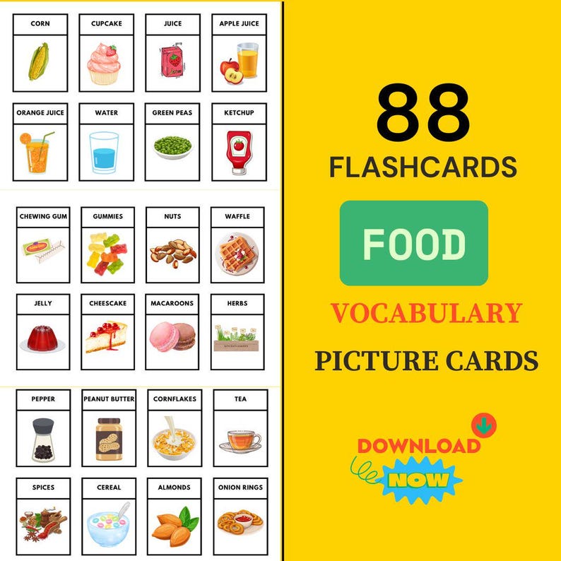 88 FOOD Flashcards 3 Part Nomenclature Cards for Homeschool and ESOL ...