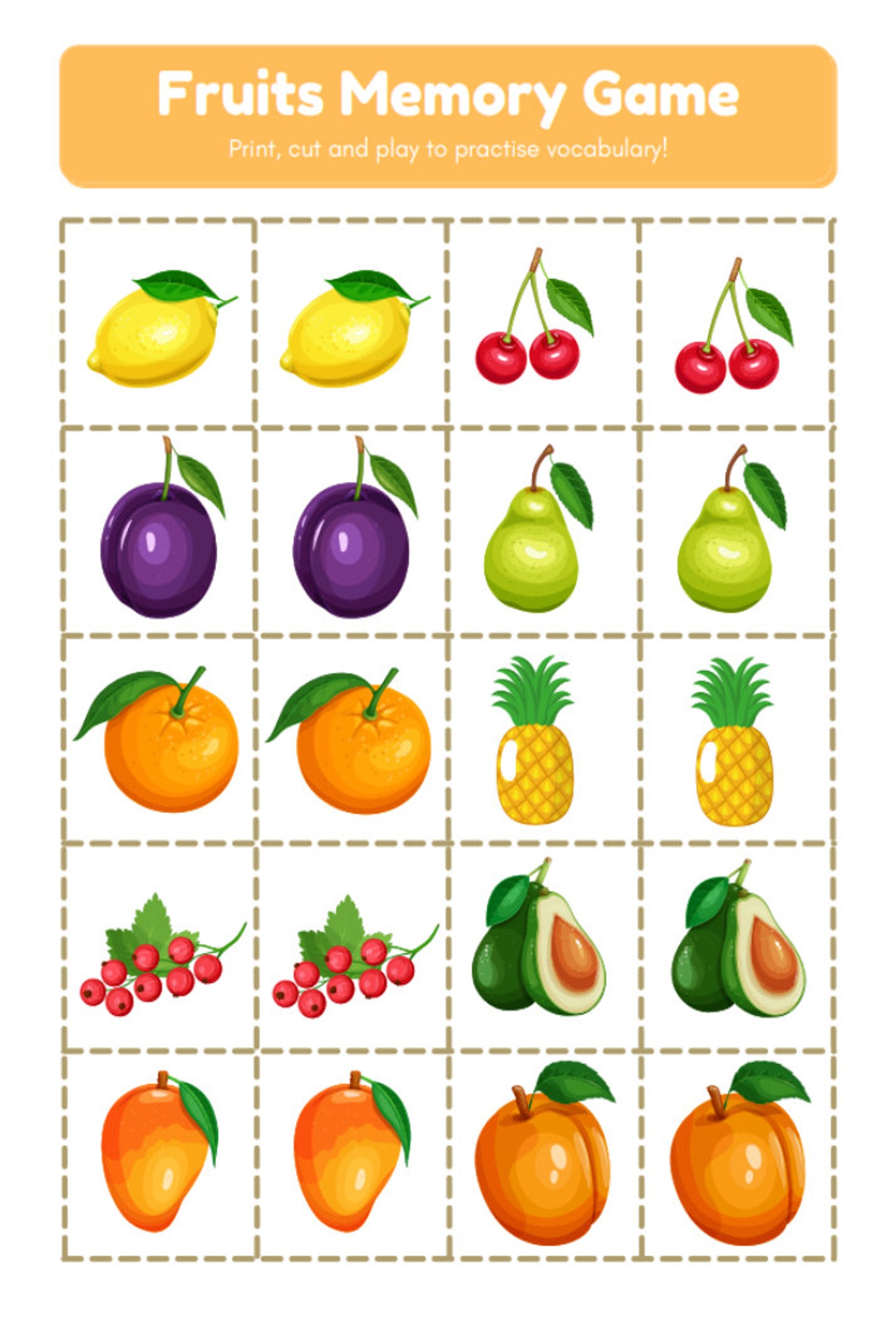 Fruits Printable Memory Game Pre-school Printable Game Homeschool ...