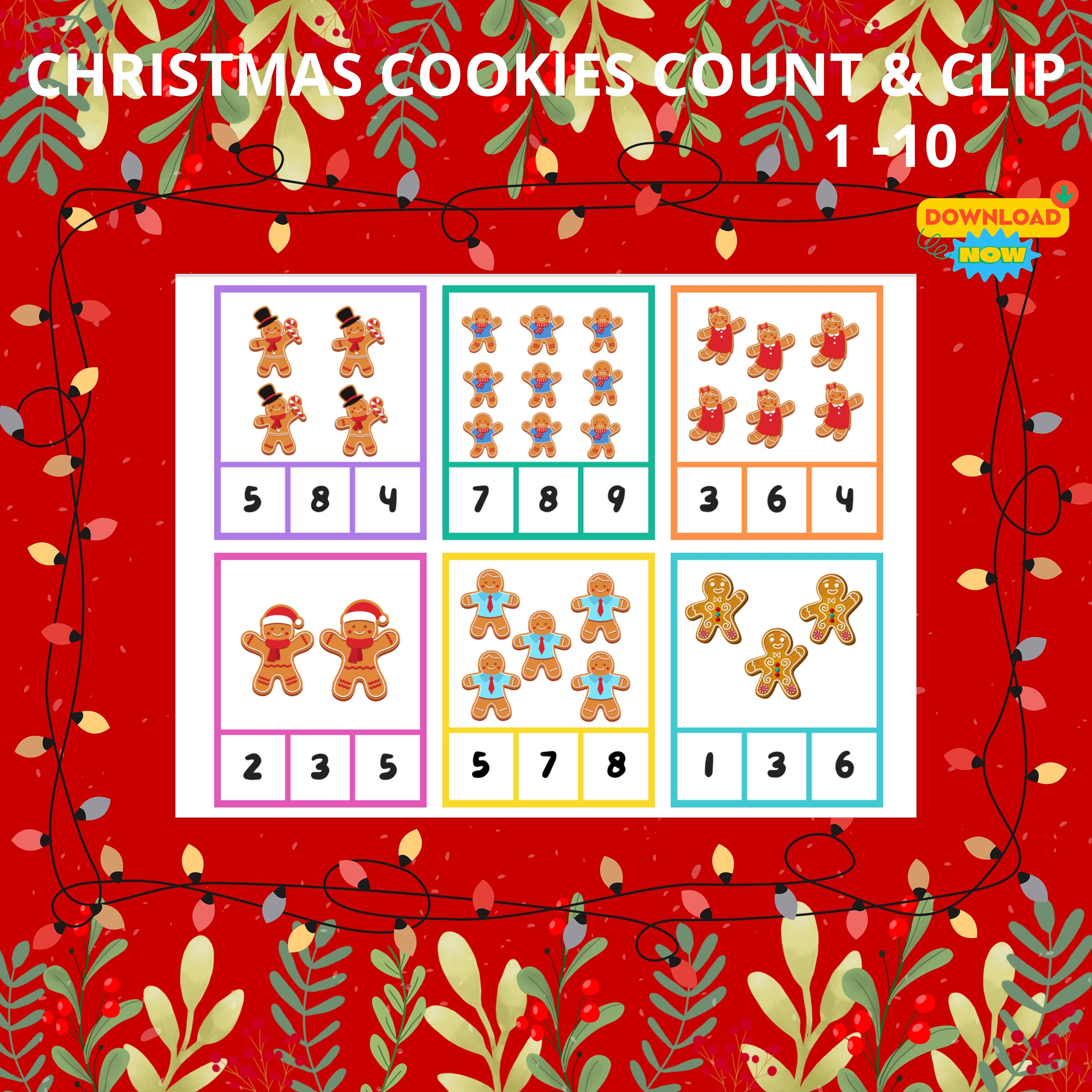 Count and Clip Cards, Christmas Cookies Count and Clip Cards Pdf, Count ...