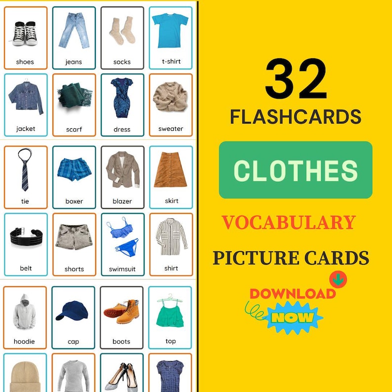 Clothes Flashcards Montessori Printable School Aids, English Lesson ...