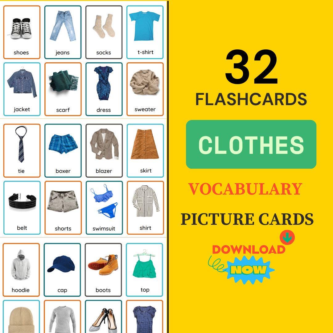 Clothes Flashcards Montessori Printable School Aids, English Lesson ...