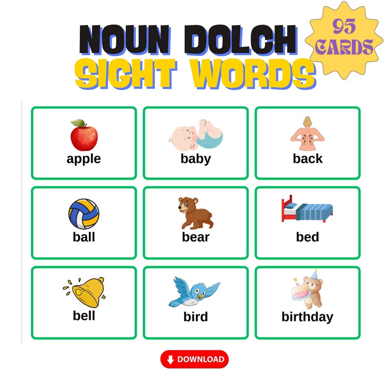 Noun Dolch Sight Words 95 Picture and Word Flashcards, Beginning ...