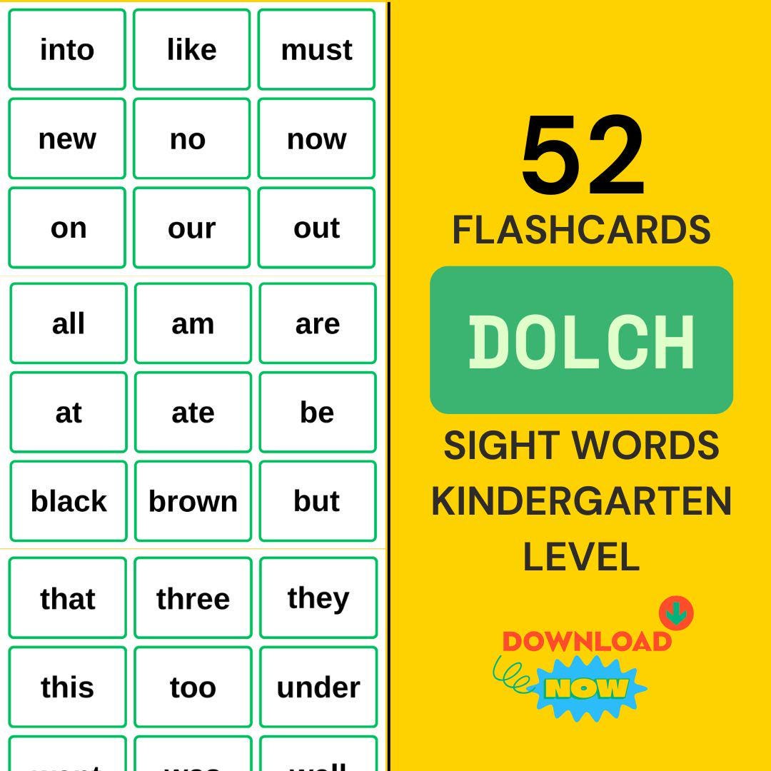 Dolch Sight Words Flashcards, Kindergarten Homeschool (digital Download ...
