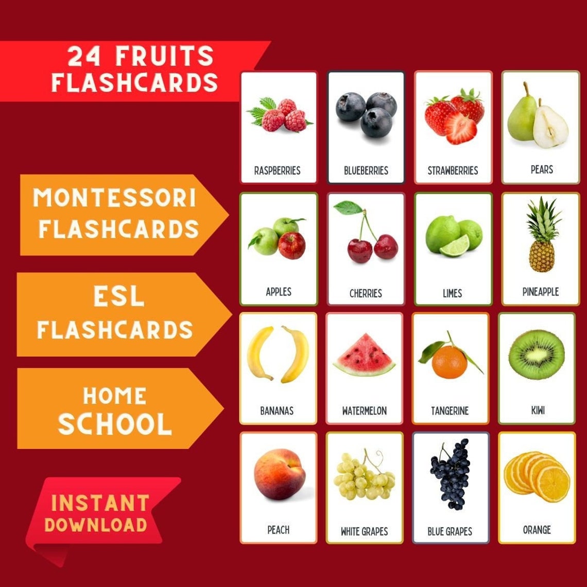24 Printable Fruits Photos Flashcards Fruits Image Cards Montessori ...