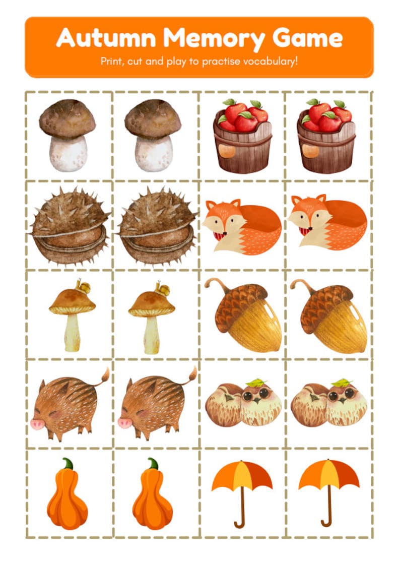 Autumn Memory Matching Game for Kids (printable PDF). - Etsy