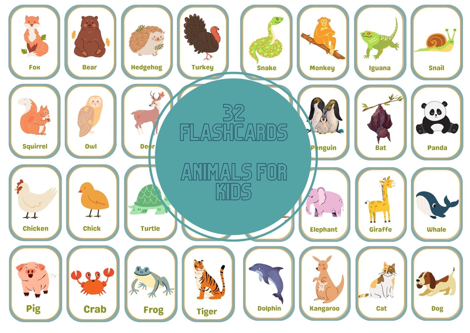 32 Printable Animal Flashcards for Kids Animals Image Cards Montessori ...