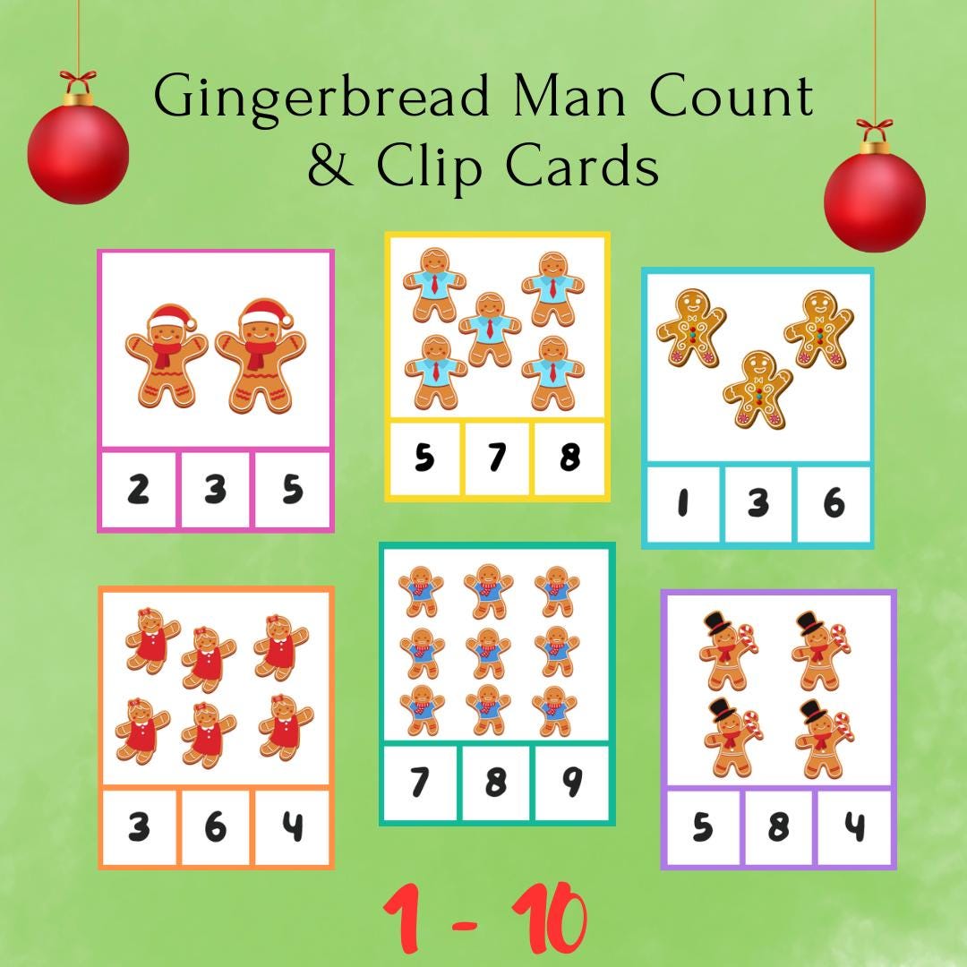 Gingerbread Man Christmas Cookie Count and Clip Cards, Montessori Math ...
