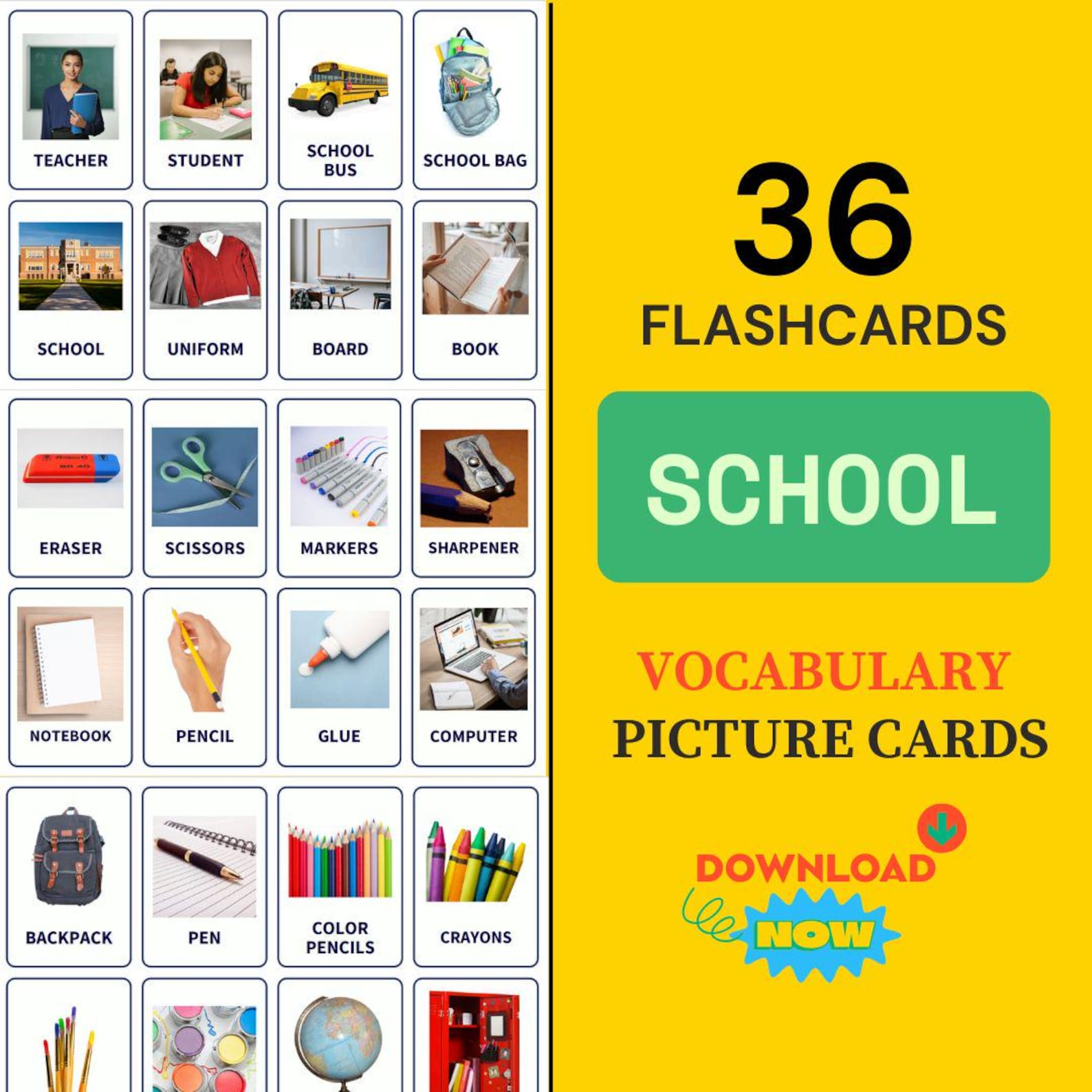 School Objects Vocabulary Flash Cards, English Vocabulary ESL Classroom ...